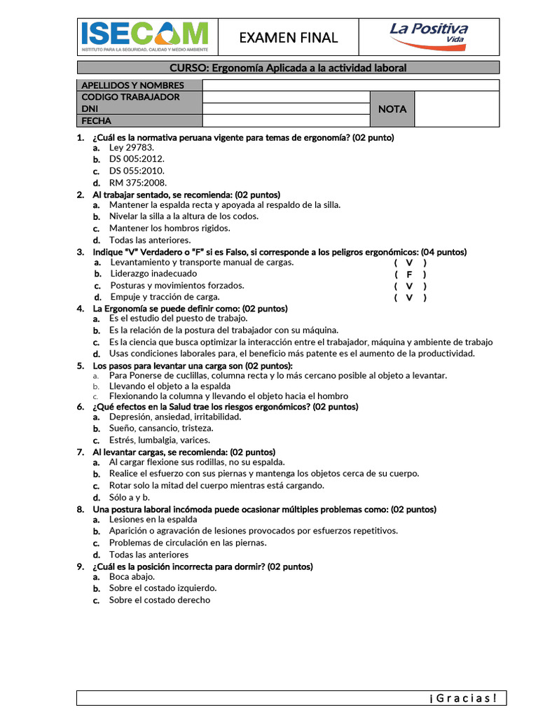 Examen Final Ergonomia Aplicada A La Actividad Laboral - Cliente | PDF