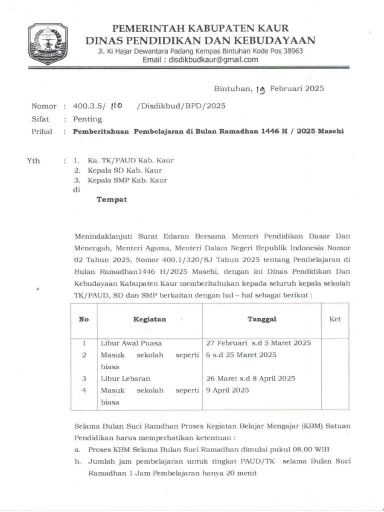 Surat Edaran Pembelajaran Di Bulan Ramadhan 2025 | PDF