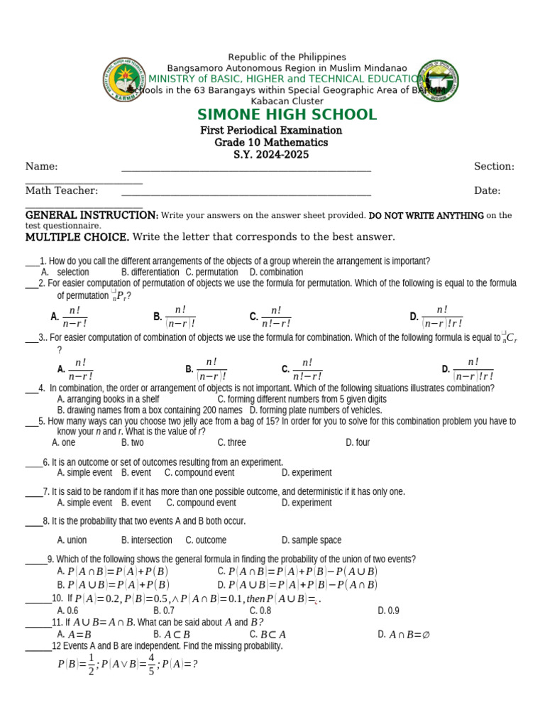 441968466-Grade-10-with-TOS-1st-Quarter-Exam 2024 | PDF | Mathematics