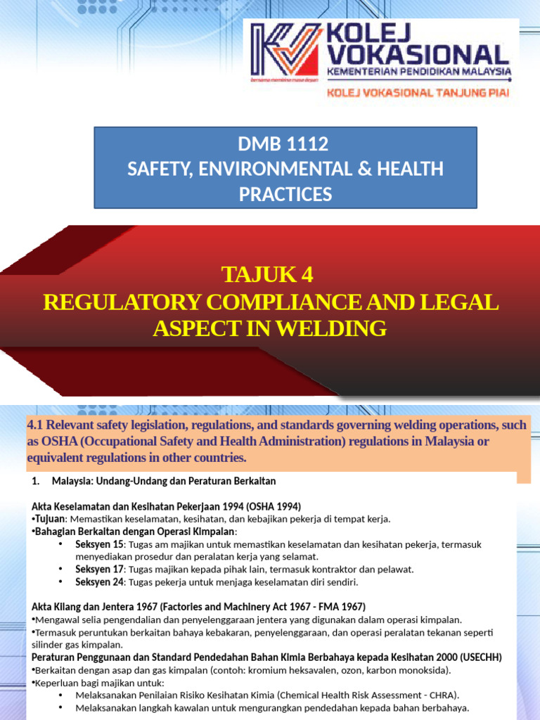 DMB 1112 Cahpter 4.0 Regulatory Compliance and Legal Aspect in Welding | PDF