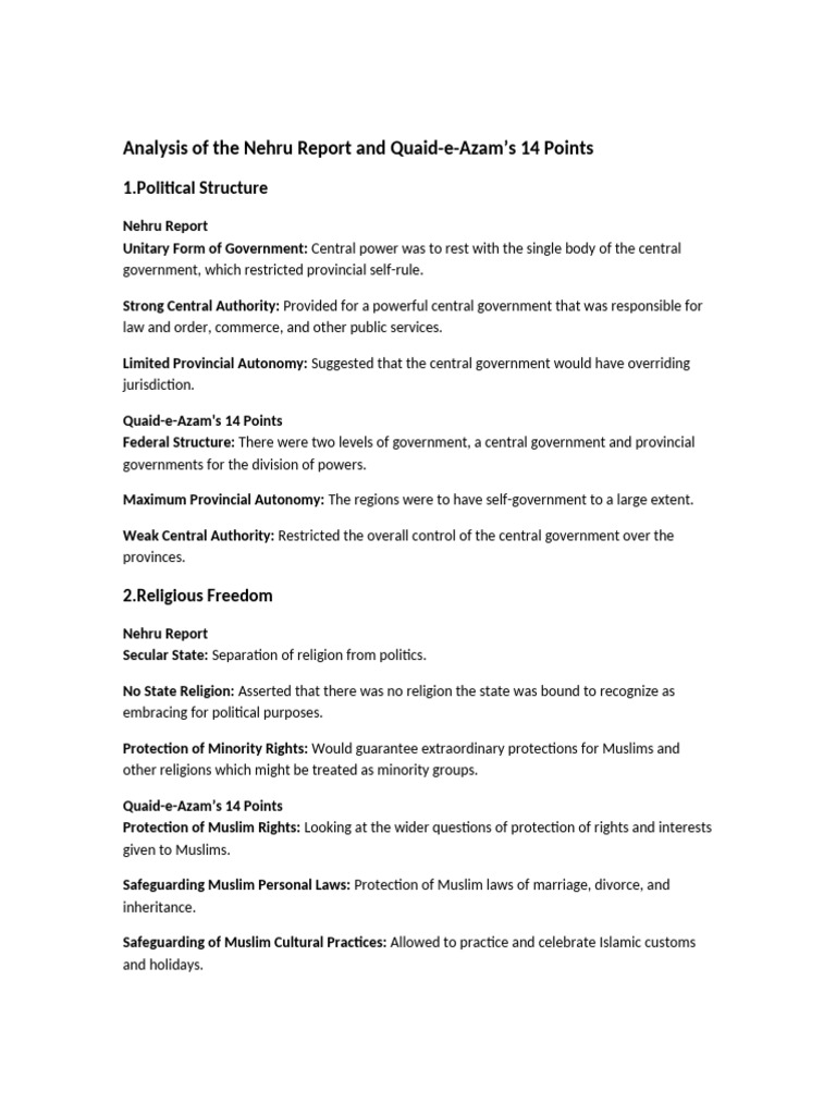 Nehru Report Vs 14 Points | PDF | Muhammad Ali Jinnah | Women's Rights