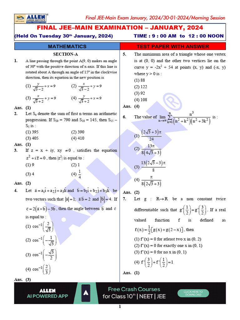 3001 Mathematics Paper With Answer Morning | PDF | Angle | Equations