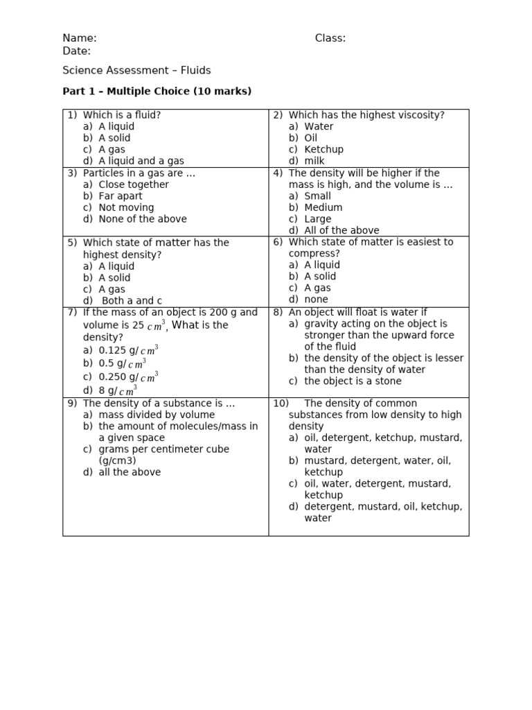 Copy of Science Assessment - Fluids | PDF | Density | Gases