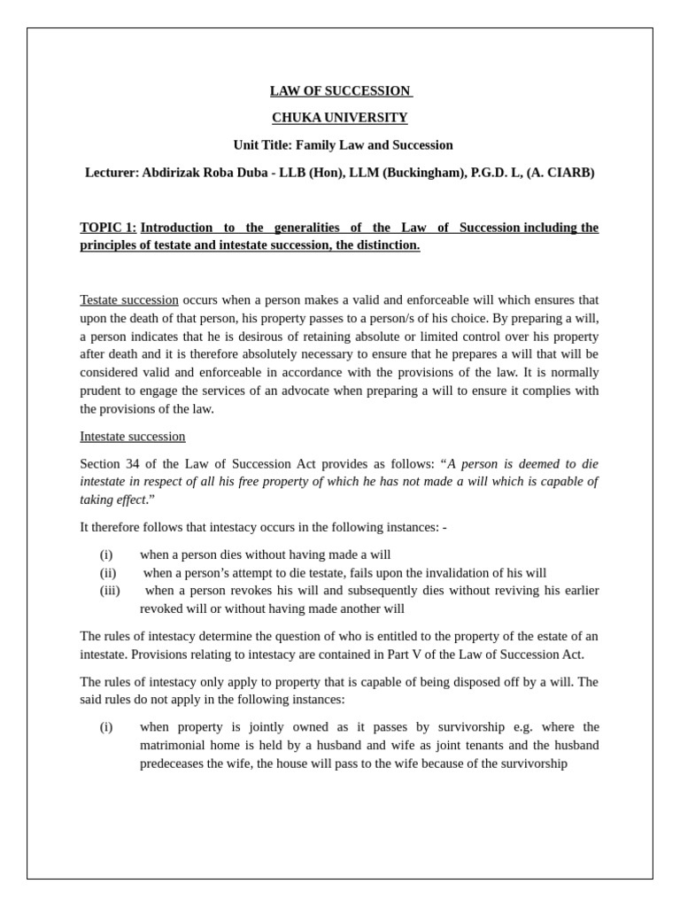 Law of Succession Notes-Mr. Roba | PDF | Will And Testament | Probate