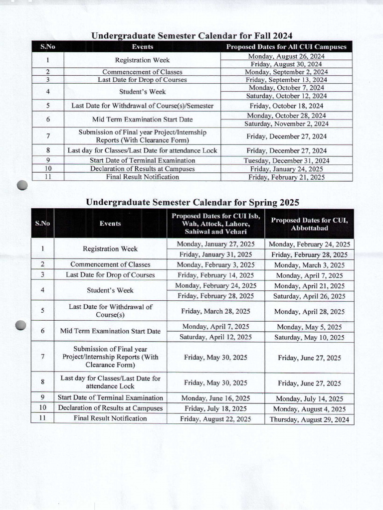 Semester Calandar FALL2024 | PDF