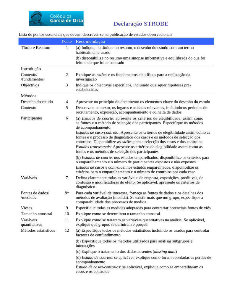 STROBE Checklist Portuguese | PDF | Dados | Estatísticas
