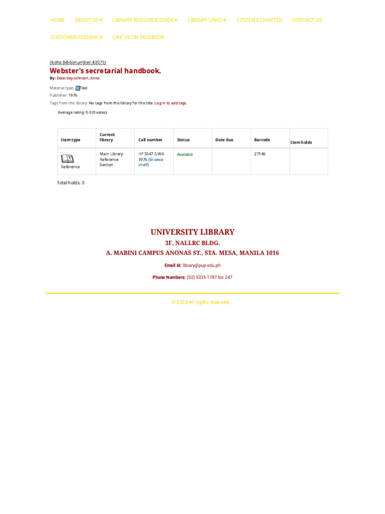 Details For - Webster's Secretarial Handbook. PUP NALLRC Catalog | PDF