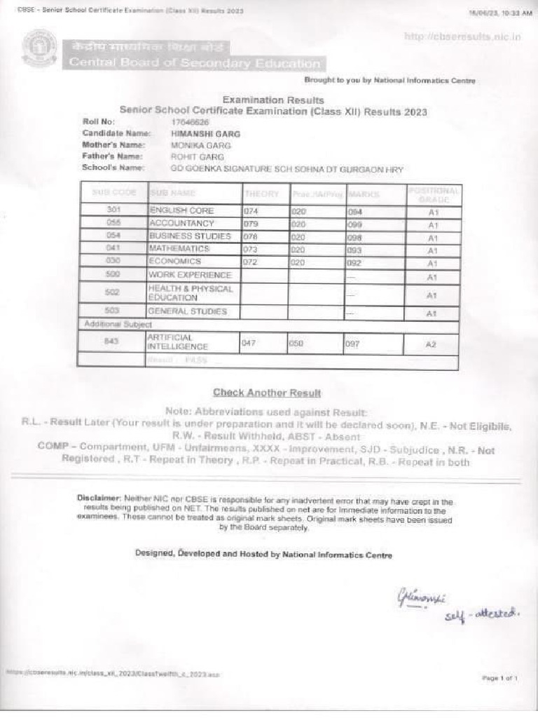 CBSE Class 12 Marksheet 2023 Download | PDF