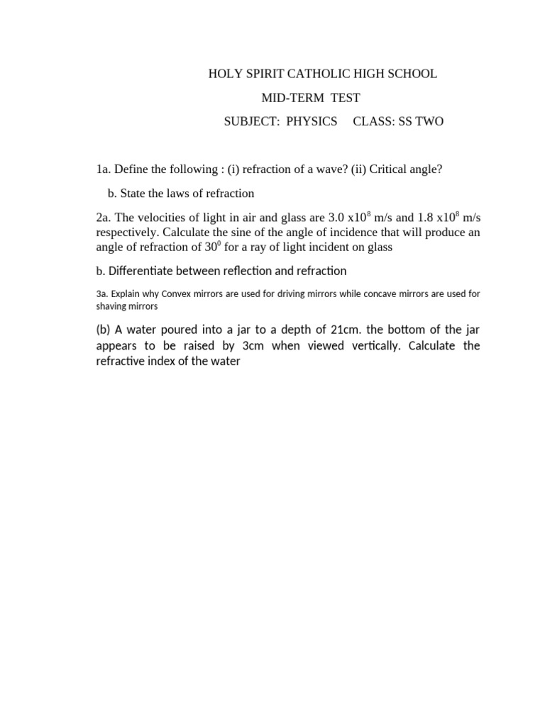Physics Mid-Term Test for SS Two Students | PDF