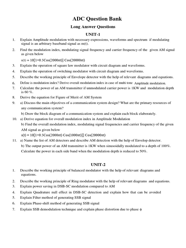 ADC Question Bank (2023-24) | PDF | Modulation | Frequency Modulation