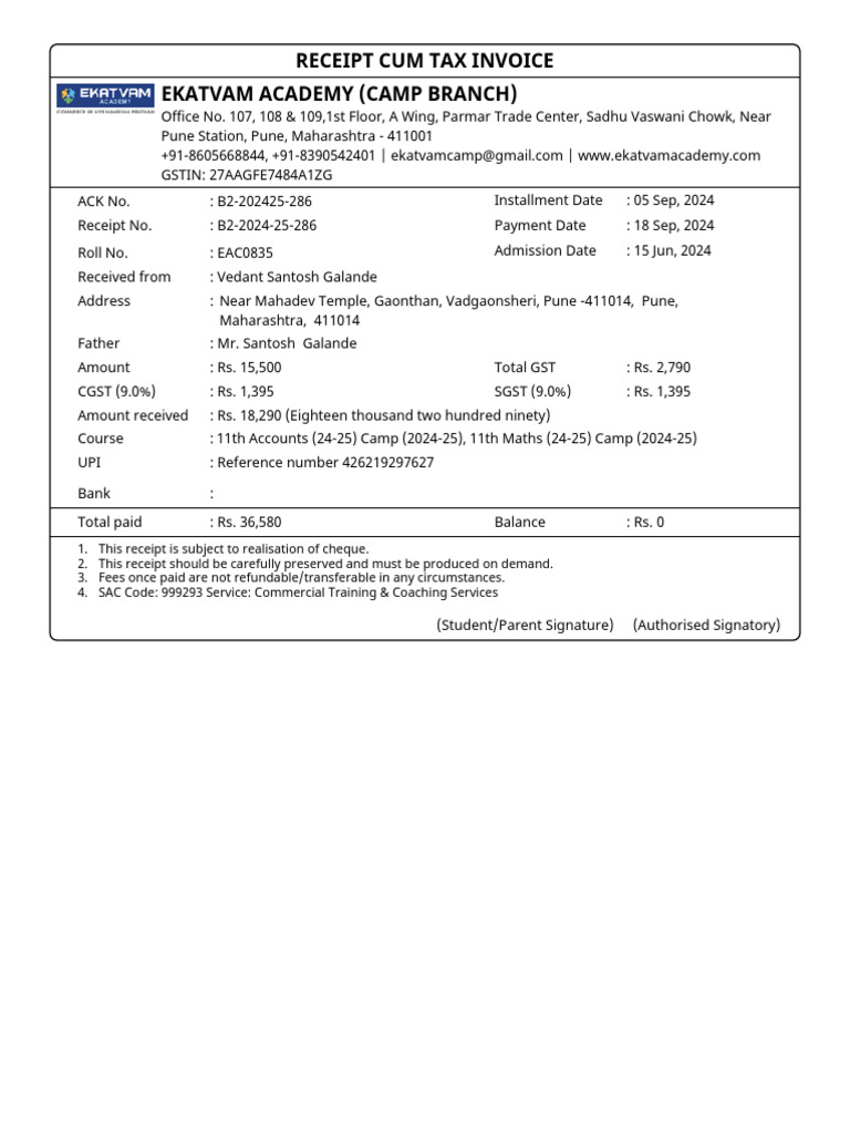 Ekatvam Academy CAMP Branch Vedant Santosh Galande Fees Receipt | PDF