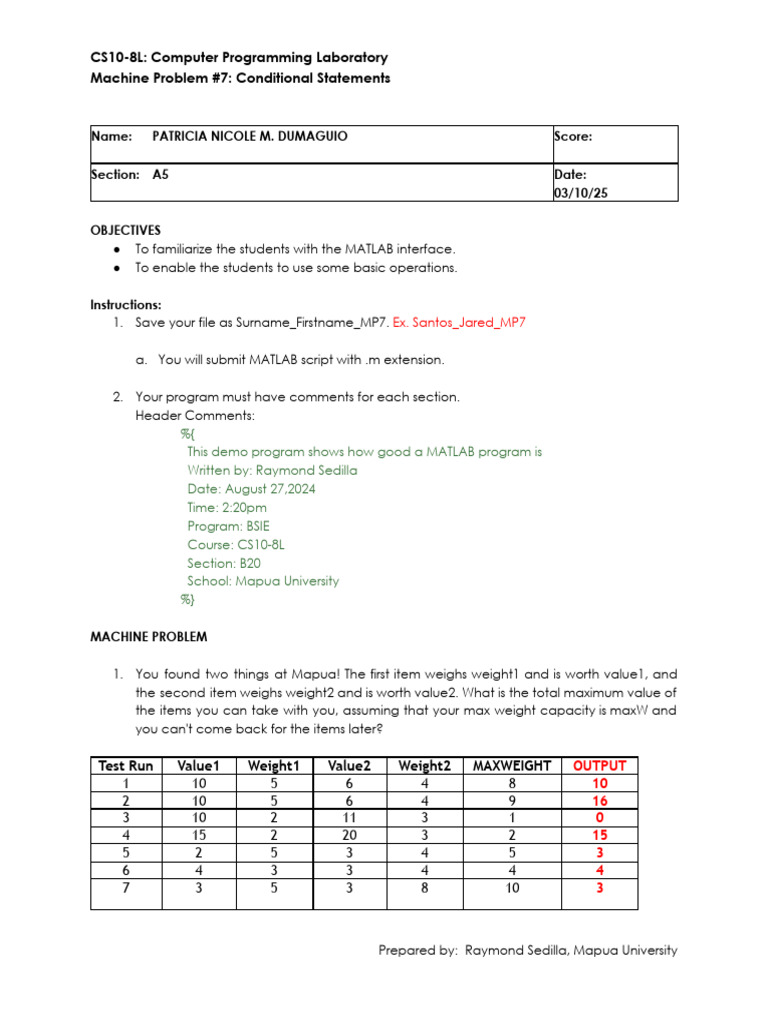 MATLAB Conditional Statements Lab MP7 | PDF