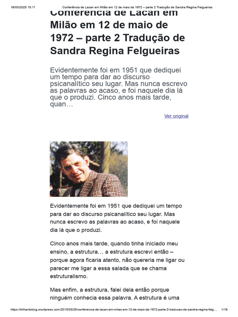 Conferência de Lacan em Milão em 12 de Maio de 1972 - Parte 2 Tradução ...