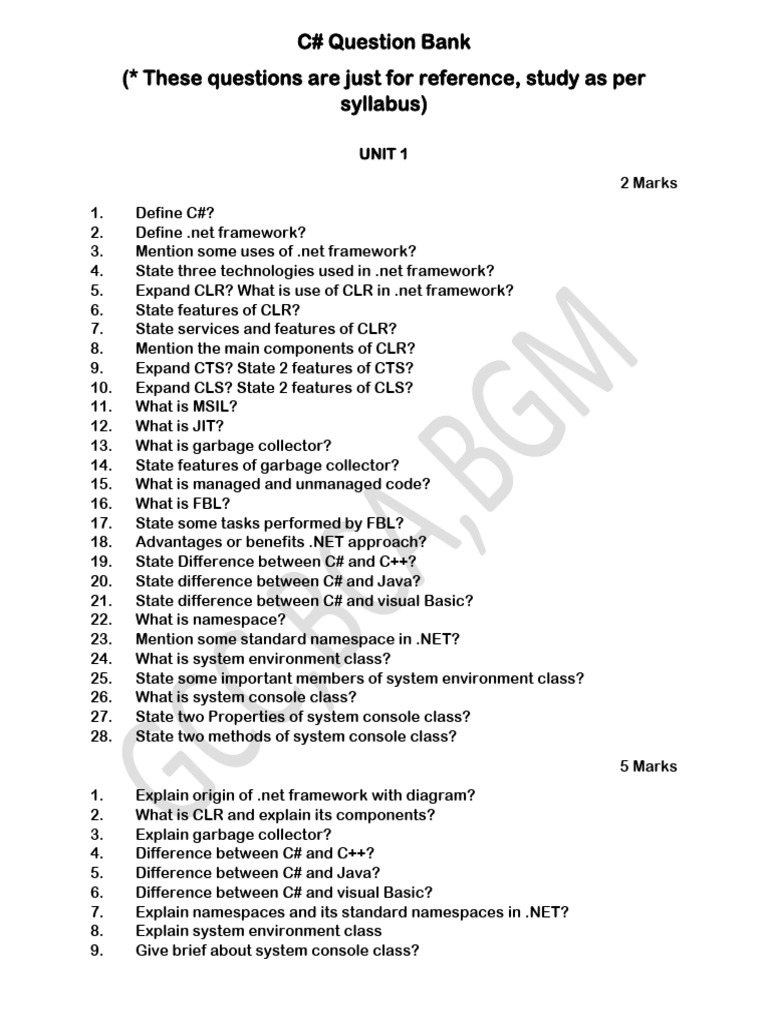 C#-Question Bank - All Units | PDF | C Sharp (Programming Language ...