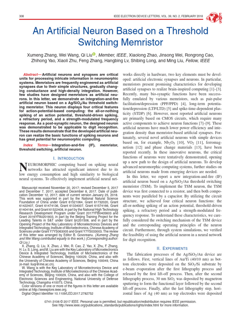 An Artificial Neuron Based On A Threshold Switching Memristor | PDF | Capacitor | Action Potential