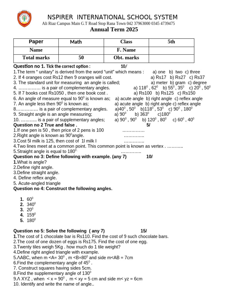 Final Tem Paper Math Class 5th | PDF | Classical Geometry | Trigonometry
