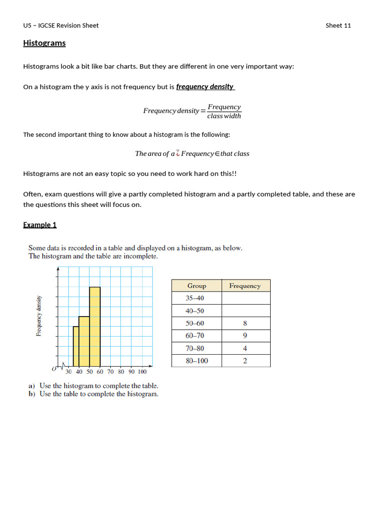 IGCSE Revision Sheets - Histograms | PDF