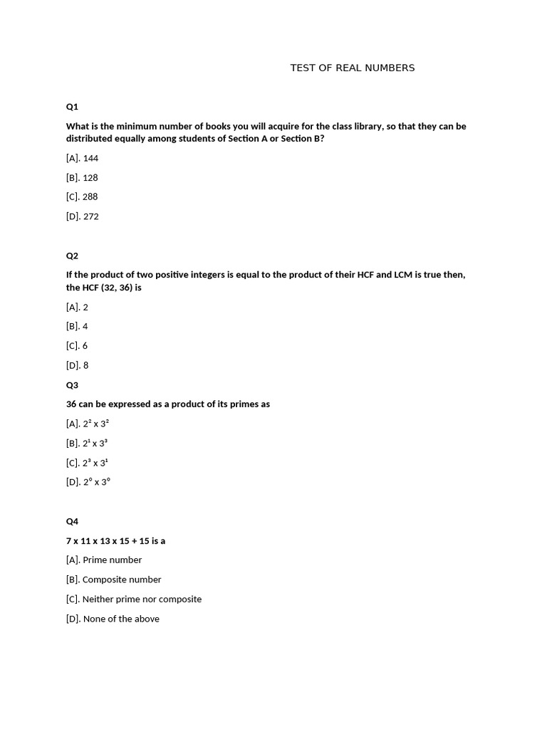 Test of Real Numbers PDF | PDF | Numbers | Prime Number