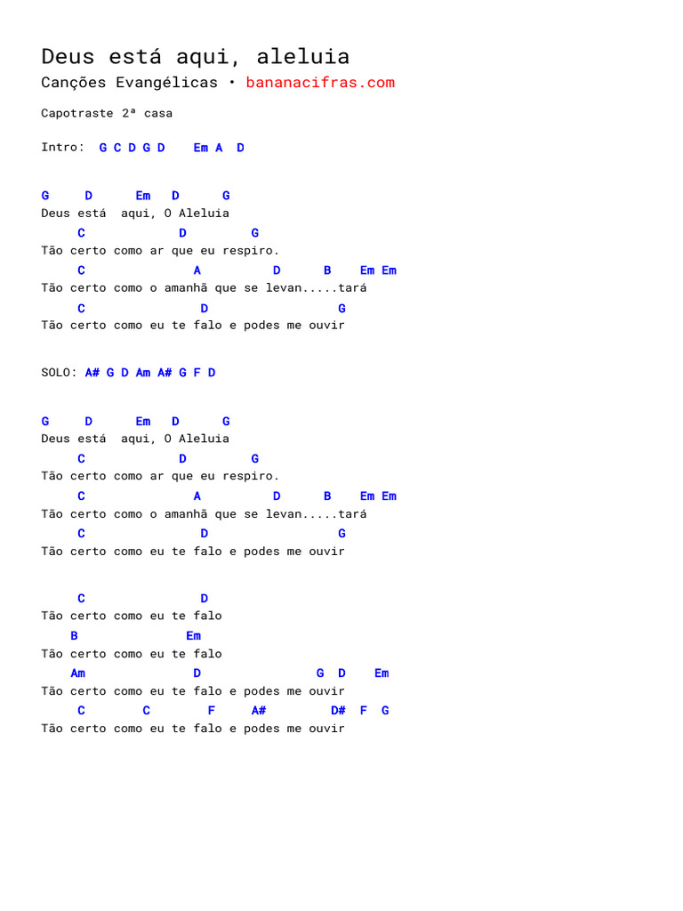 Deus Está Aqui, Aleluia CIFRA Canções Evangélicas | PDF