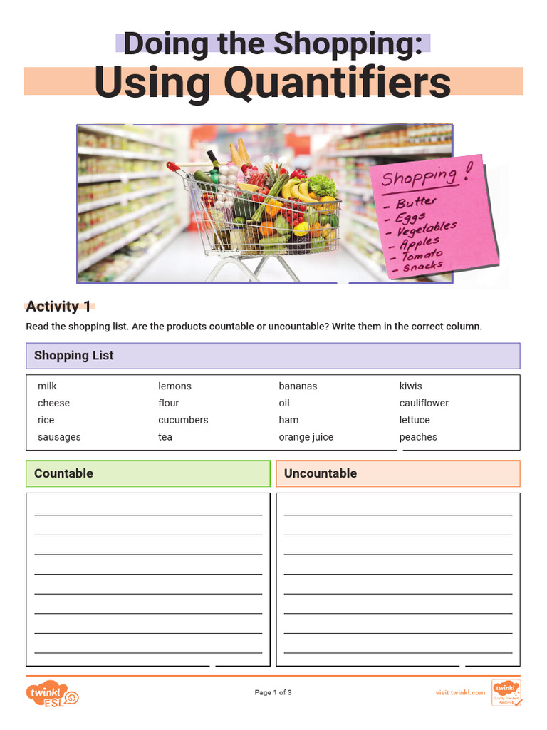 Shopping List: Countable vs Uncountable | PDF | English As A Second Or ...