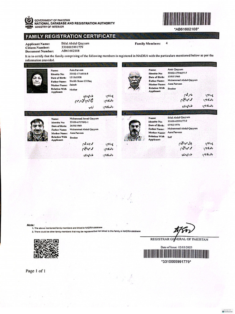 Family Registration Certificate | PDF