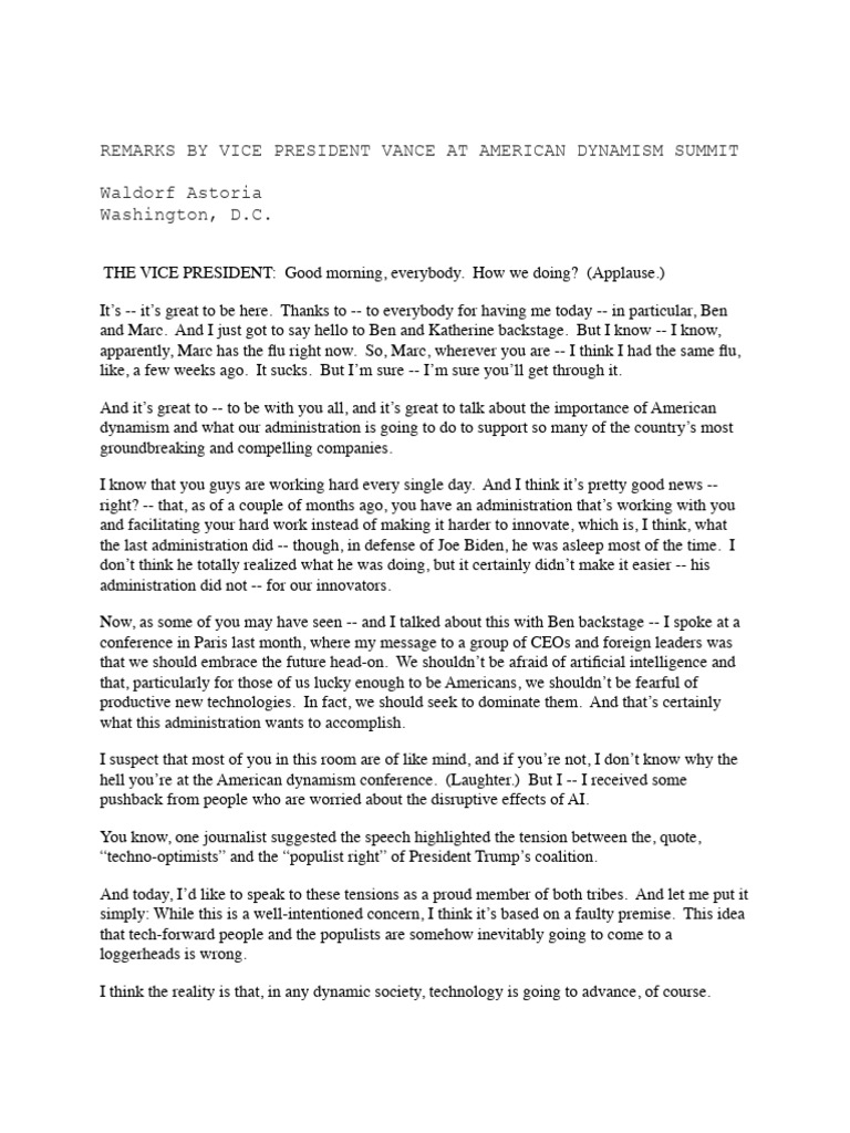 Vance's Remarks at American Dynamism Summit | PDF | Labour Economics ...