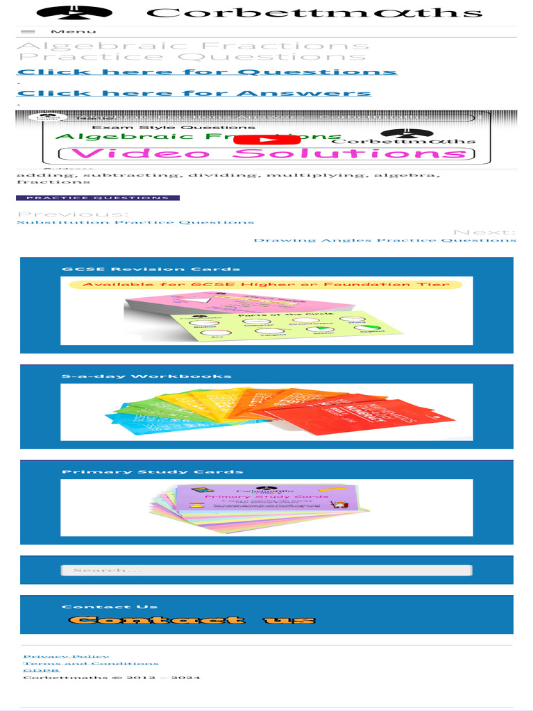 Algebraic Fractions Practice Questions - Corbettmaths | PDF