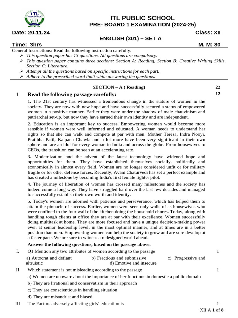Pre-Board 1 - Eng - Set A - QP - 24 | PDF | Money