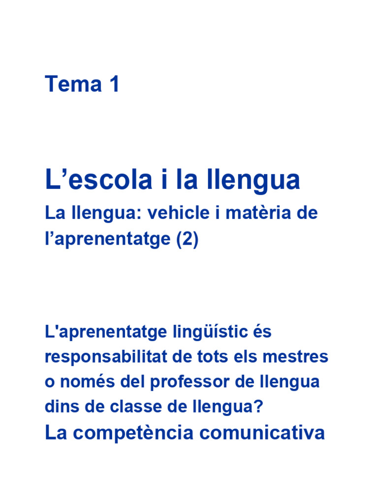 Tema 1 L'Escola I La Llengua | PDF