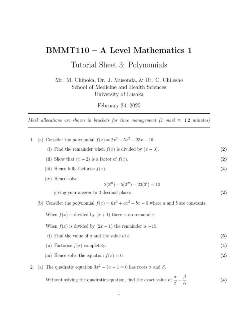 BMMT110 Tutorial Sheet 3 S1 2025 | PDF | Factorization | Abstract Algebra