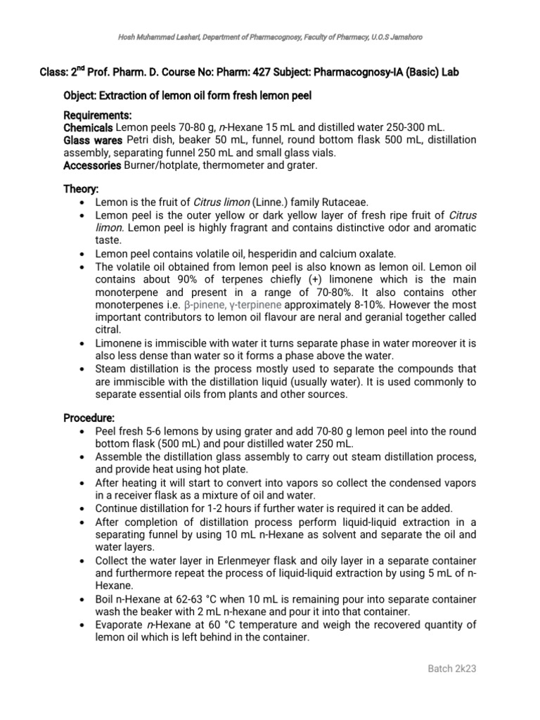 Extraction of Lemon Oil | PDF