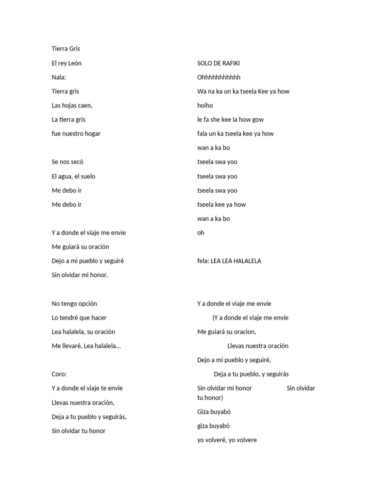Tierra Gris: Letra de El Rey León | PDF