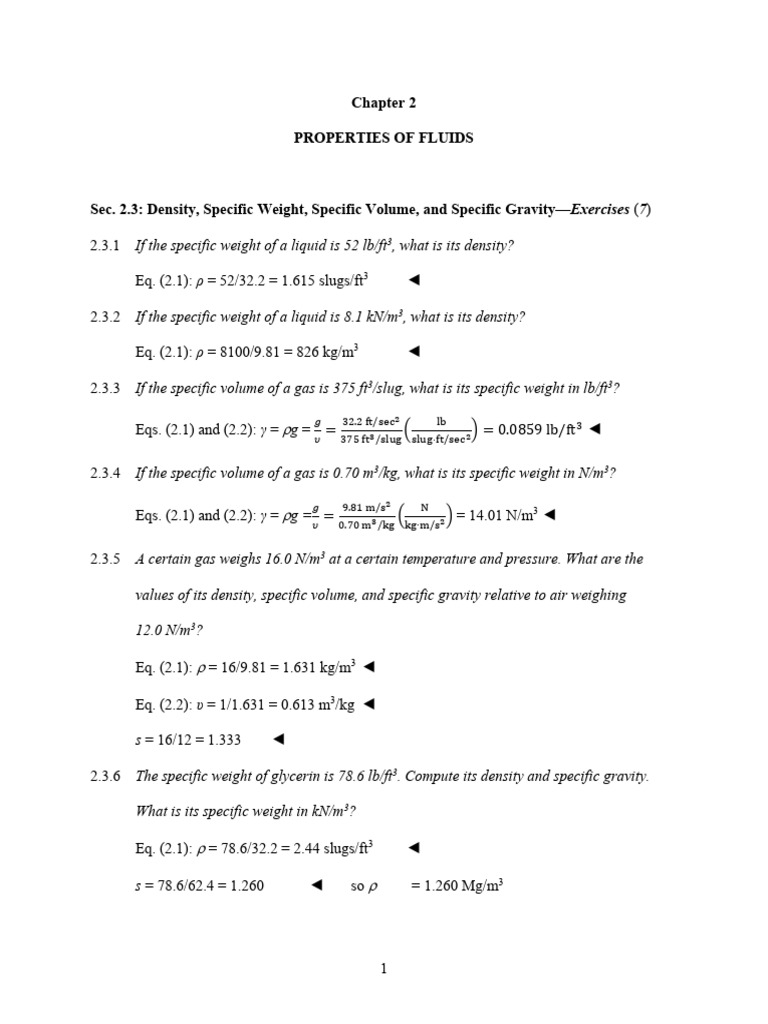 Finnemore - Solutions - 11e - Chapter - 02-Exercise Solutions | PDF | Density | Pressure