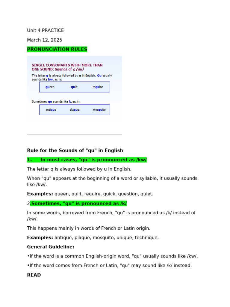 Pronunciation Rules for "qu" Sounds | PDF
