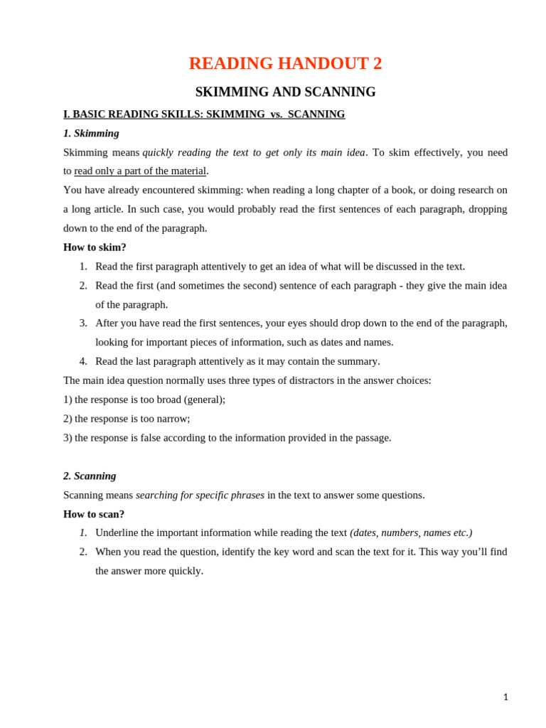 Reading Handout 2 - Skimming & Scanning Sts | PDF | Speed Reading