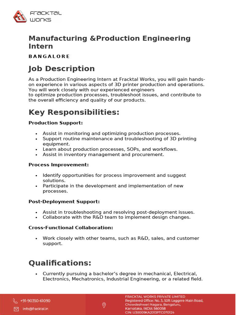 Fracktal works Manufacturing & Production Engineer - (Intern) | PDF