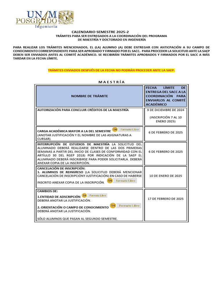 Calendario y Trámites Semestre 2025-2 | PDF