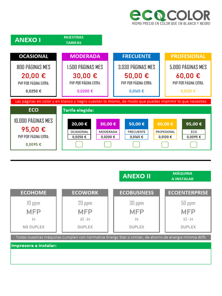 EcoColor Tarifas | PDF