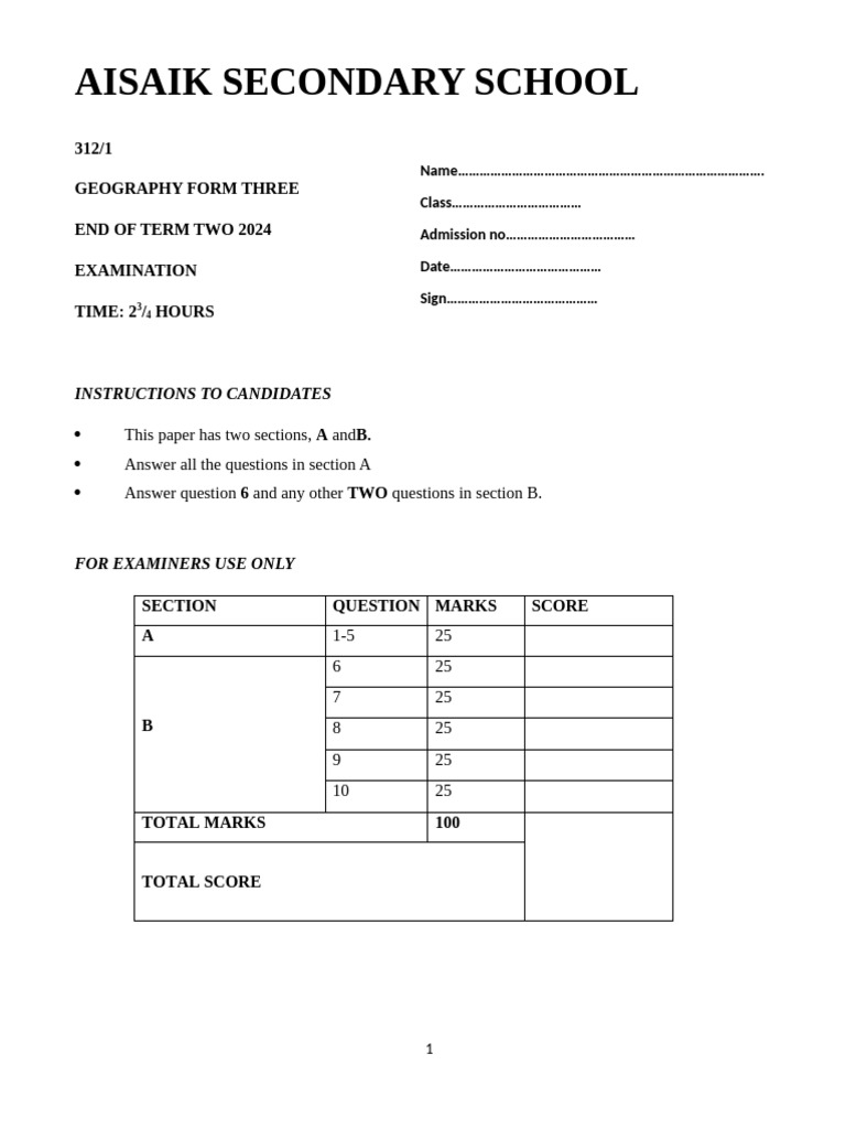Geography Form Three Exam 2024 | PDF | Volcano | Soil