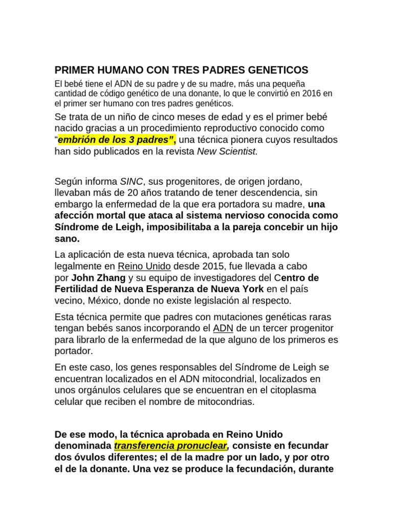 Primer Humano Con Tres Padres Geneticos | PDF | Mitocondria | Biología