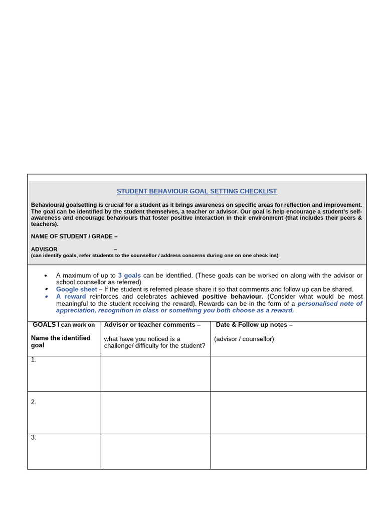 Behavioural Goals Worksheet | PDF