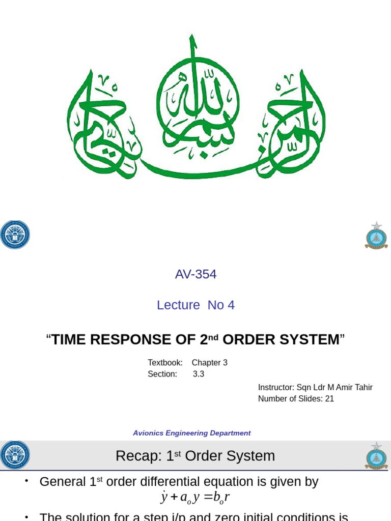 Lecture 04 Av354-TIME RESPONSE OF 2nd Order System | PDF | Damping | Telecommunications Engineering