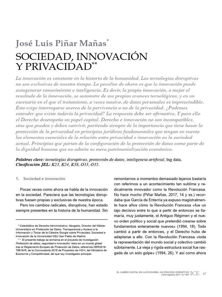 Sociedad Innovación Privacidad Piñar Mañas | PDF | Privacidad | Inteligencia artificial