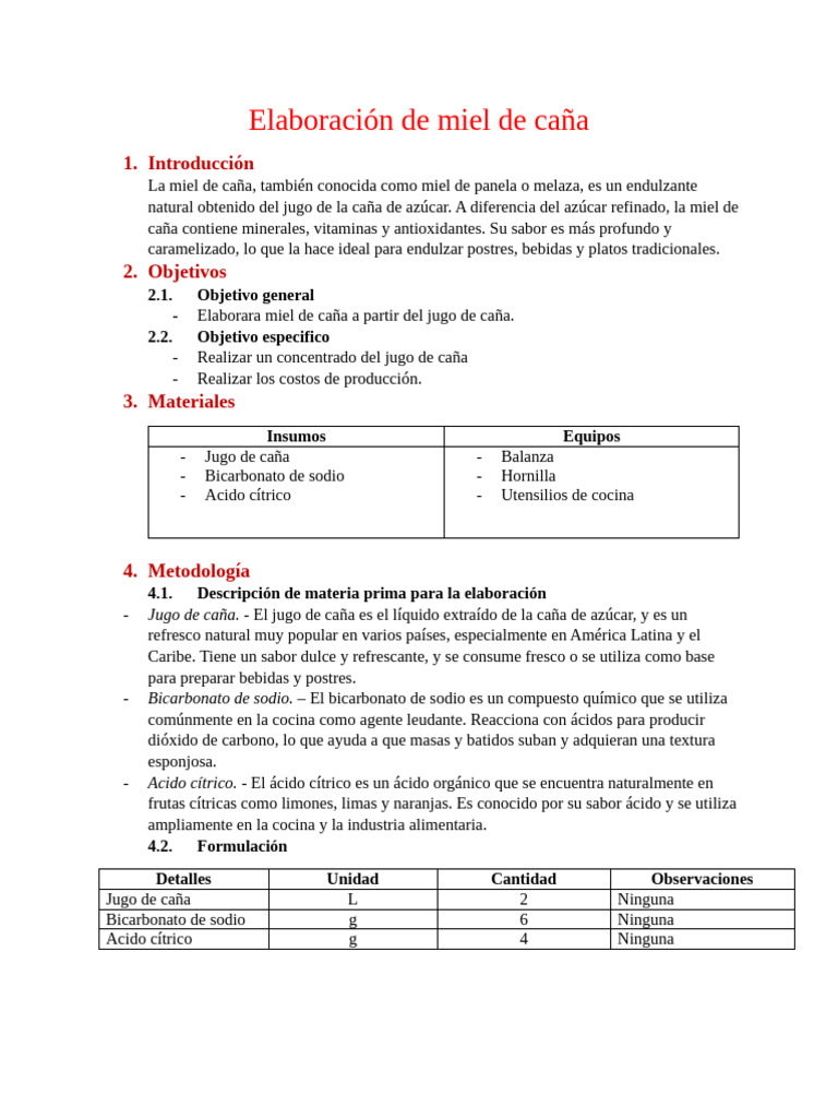 Elaboración de miel de caña y costos | PDF | Melaza