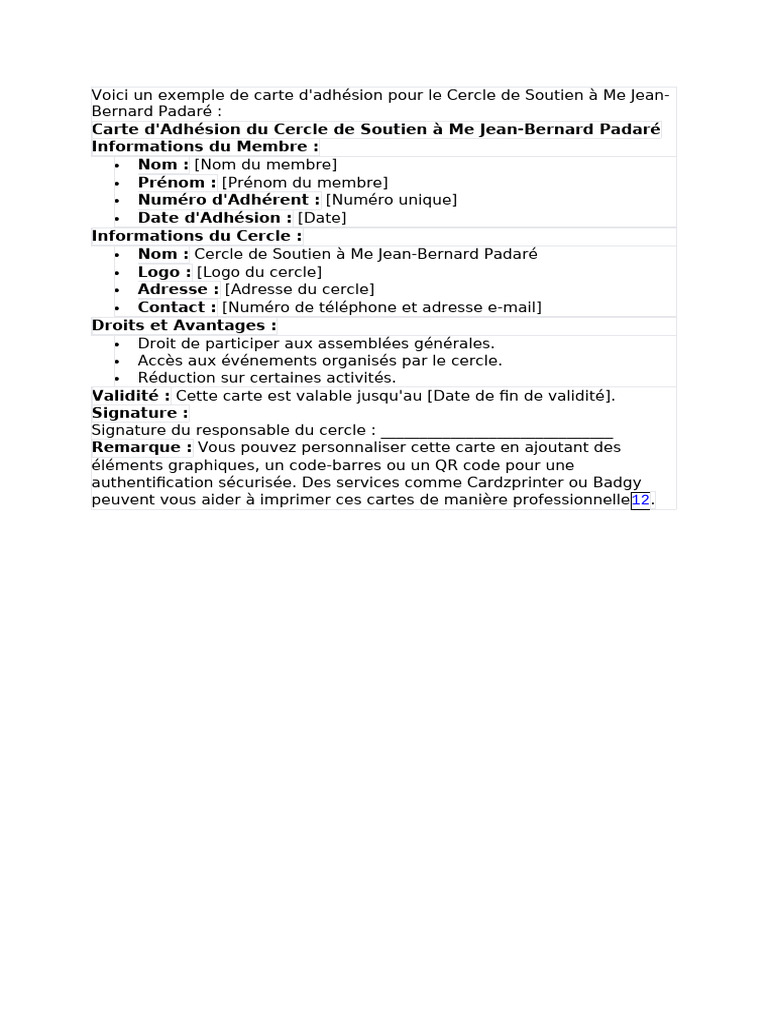 Carte d'Adhésion Cercle Padaré | PDF