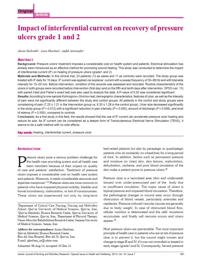 Impact of Interferential Current On Recovery of Pressure Ulcers Grade 1 and 2 | PDF | Healing | Pain