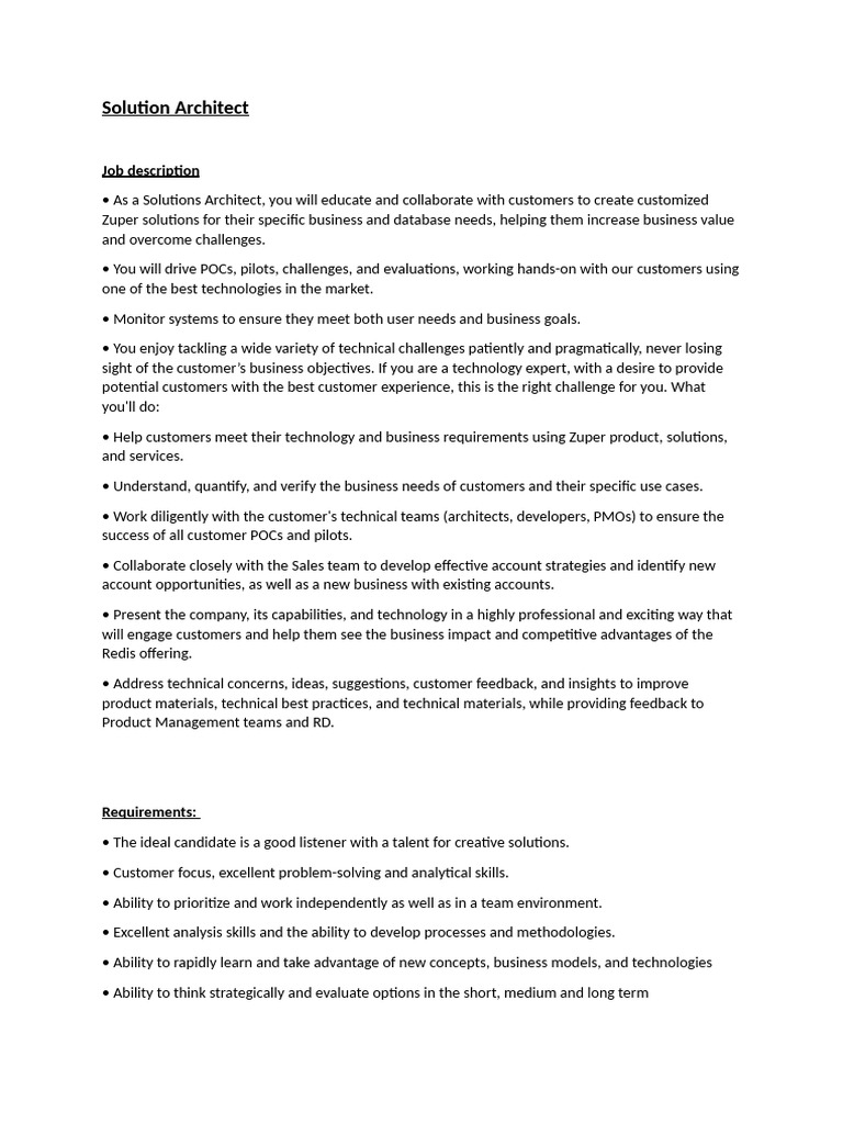 Zuper Solutions Architect Job Overview | PDF | Business | Economies