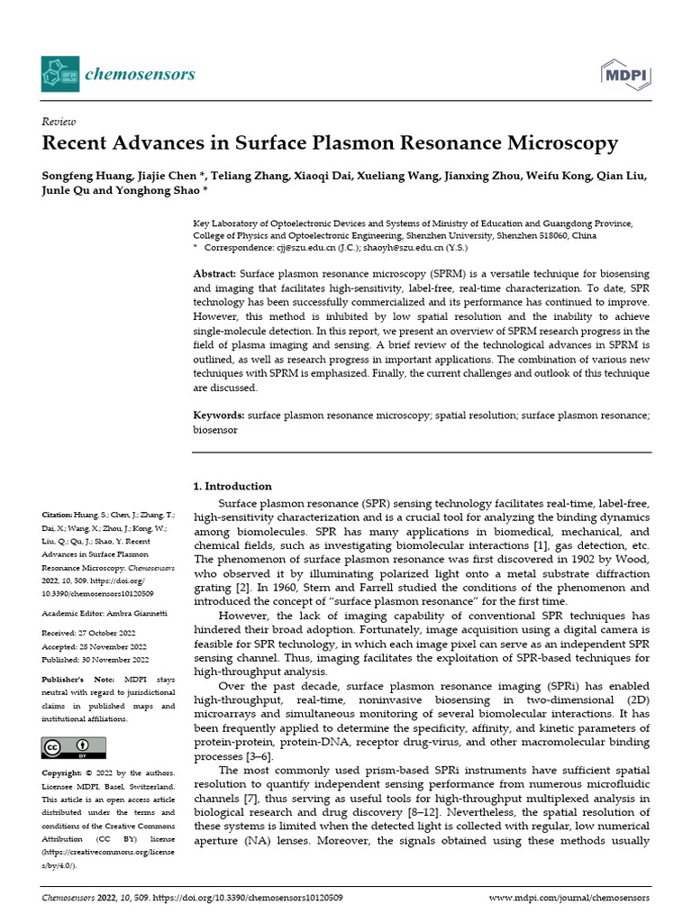 Recent Advances in Surface Plasmon Resonance Micro | PDF | Surface Plasmon Resonance | Microscopy