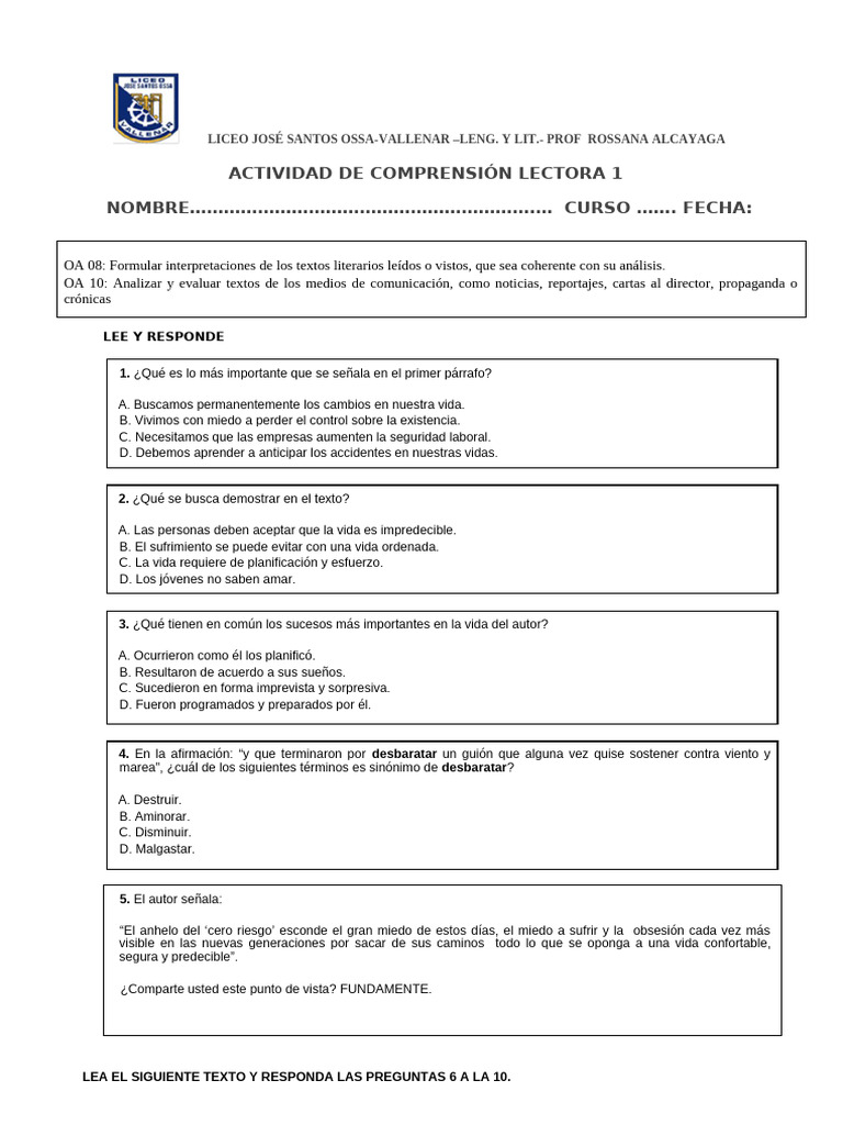 Guia 1 COMPRENSION LECTORA 1 D - 2A-2B-2E | PDF