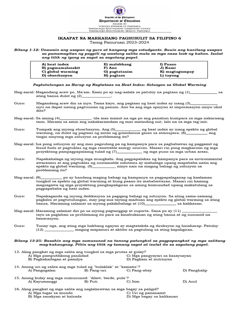 RISO_4th Quarter_FILIPINO_Periodical Test | PDF